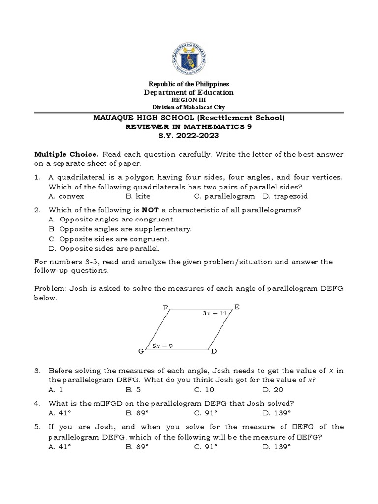 REVIEWER Grade 9 MATH SY 2022 2023 | PDF | Rectangle | Triangle