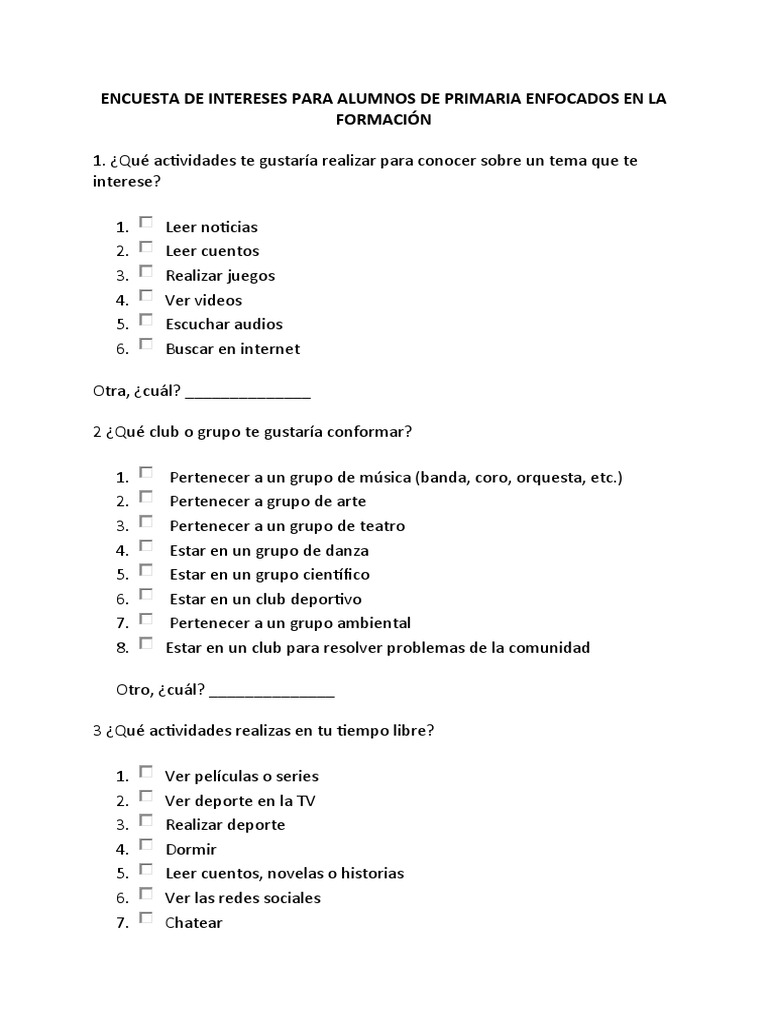 Encuesta de Intereses Para Alumnos de Primaria Enfocados en La ...