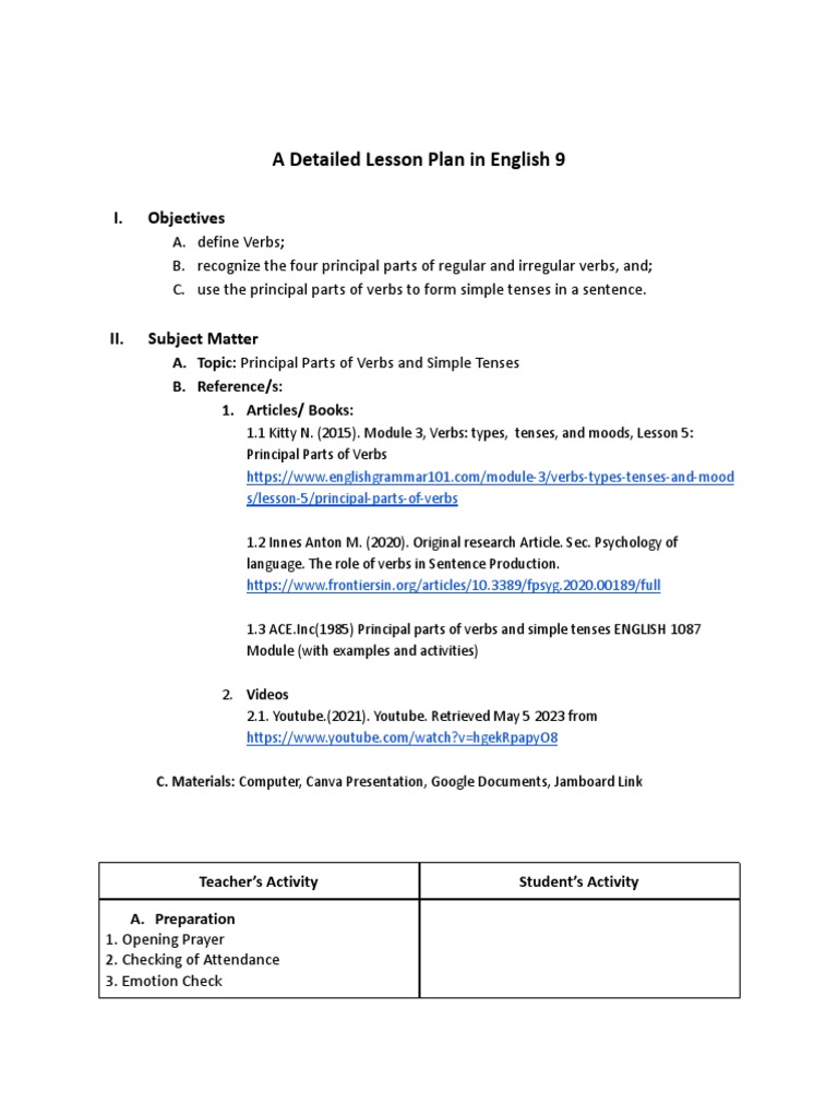 A Detailed Lesson Plan in English 9 | PDF | Verb | Grammatical Tense
