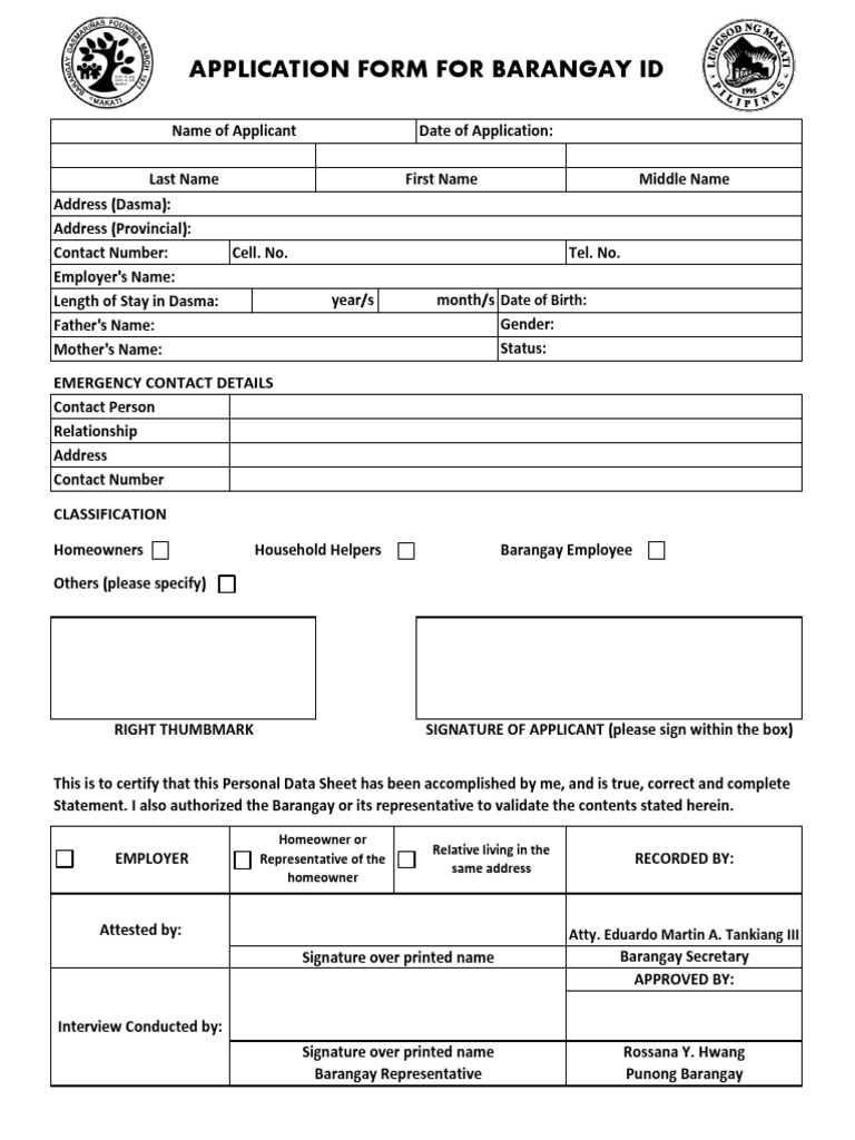Application Form of Barangay Id | PDF