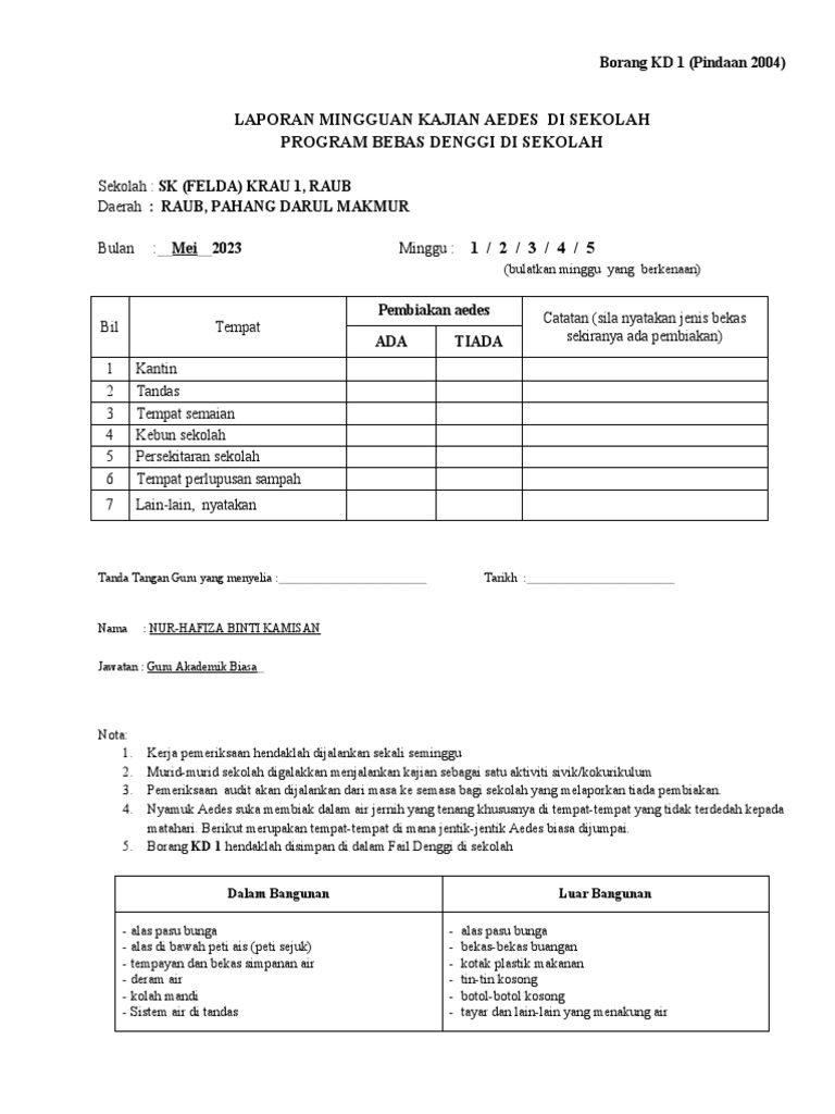 Bebas Denggi - Borang KD1 - Mingguan | PDF