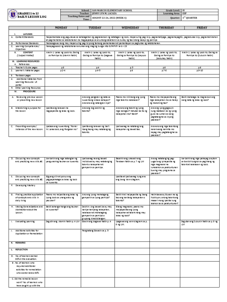 Daily Lesson Log ESP | PDF
