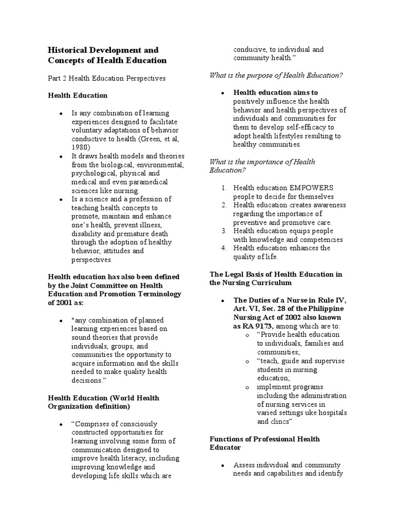 Historical Development and Concepts of Health Education | PDF | Health ...
