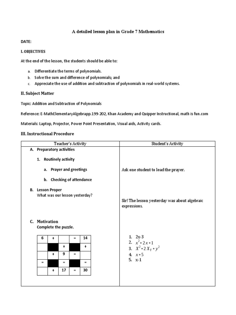 A Detailed Lesson Plan in Grade 7 Mathematic2 | PDF | Mathematics | Algebra