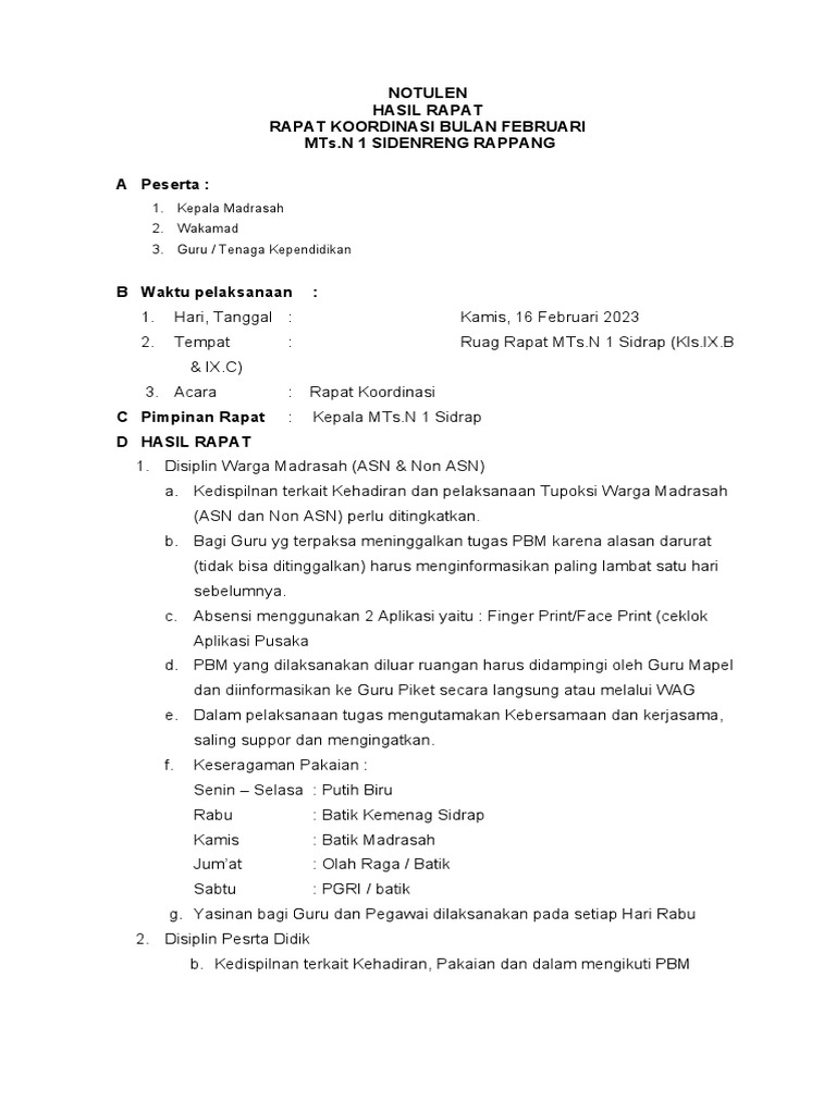Notulen Rapat Koordinasi Februari 2023 | PDF