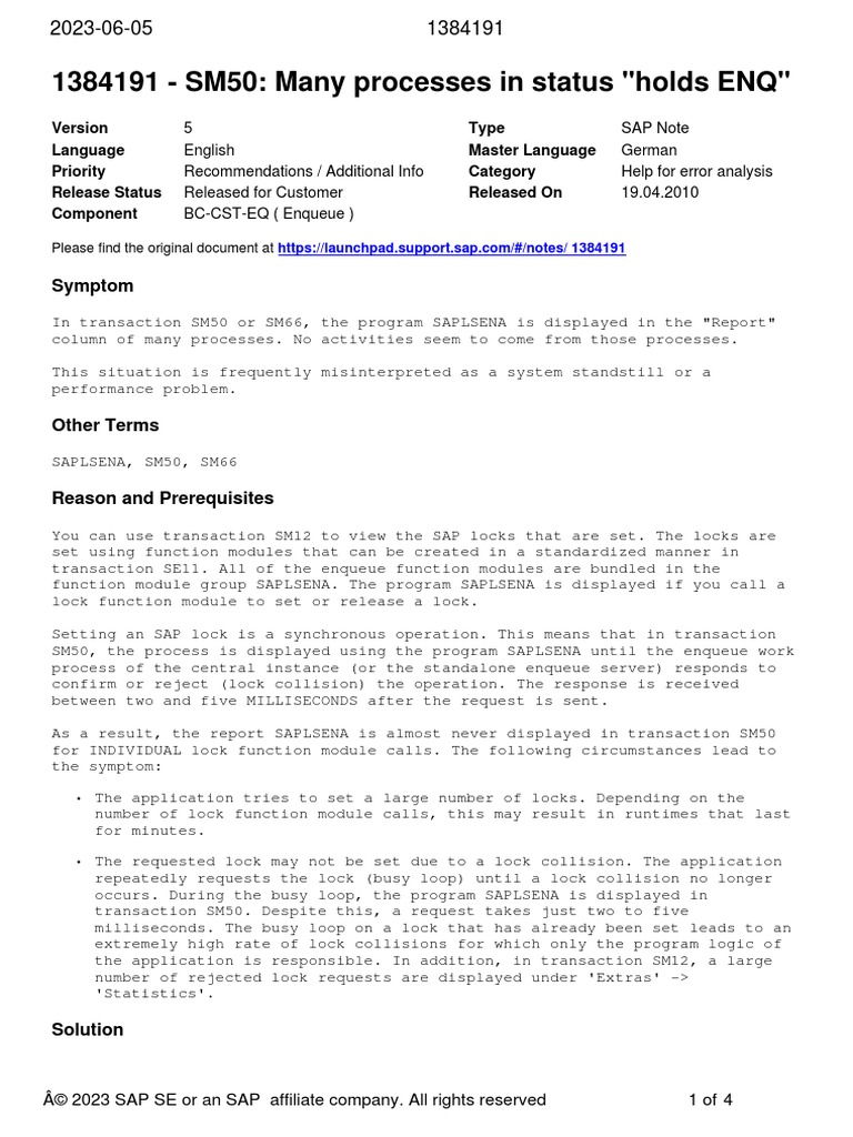 SM50: Many Processes in Status "Holds ENQ": Symptom | PDF