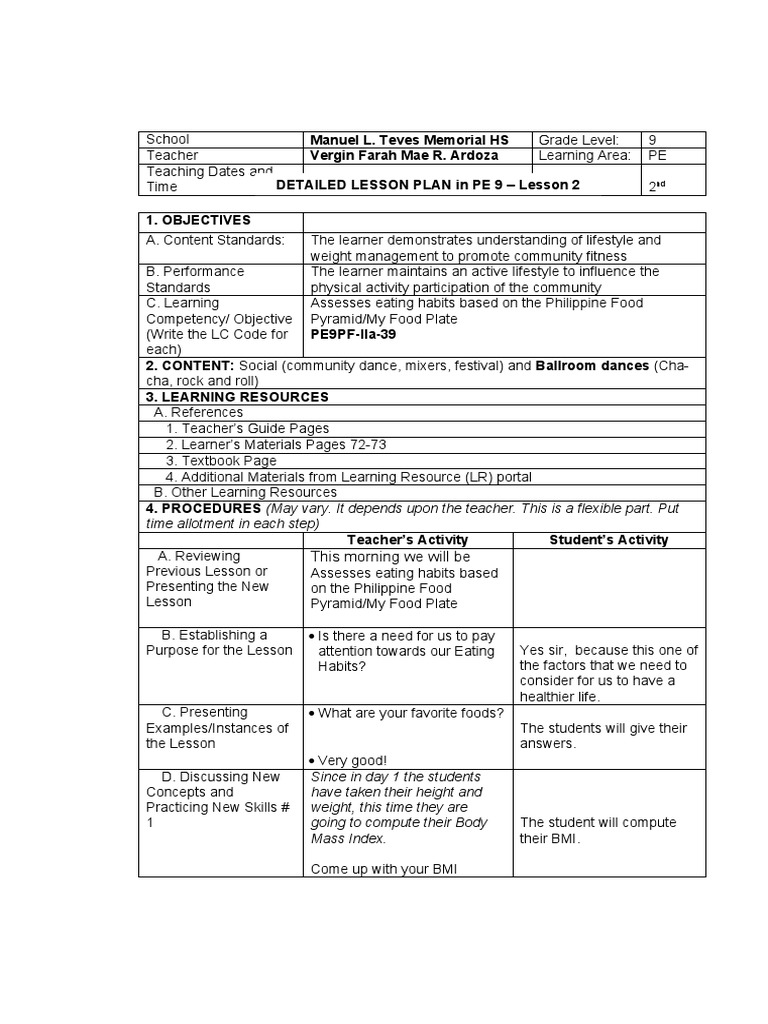 2.1 DAILY LESSON PLAN 2ND QUARTER Philippine Food1 | Download Free PDF | Body Mass Index | Teachers