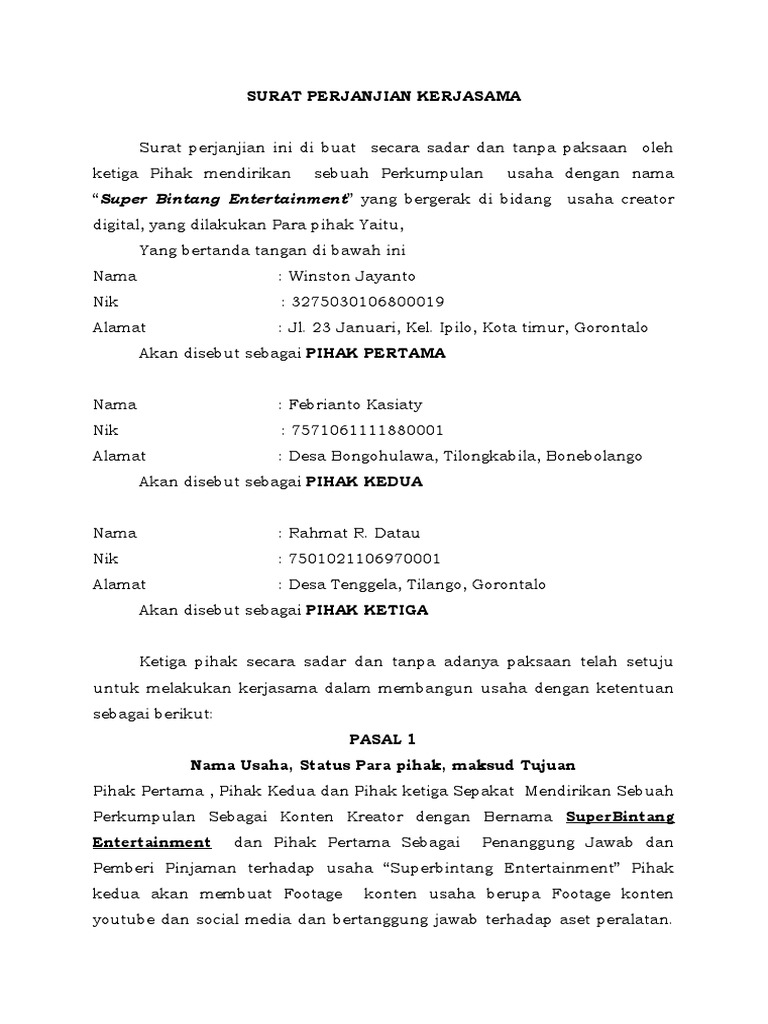 Surat Perjanjian Kerjasama | PDF