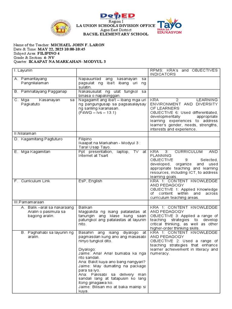 Lesson Plan Grade IV - Uri NG Pangungusap | PDF