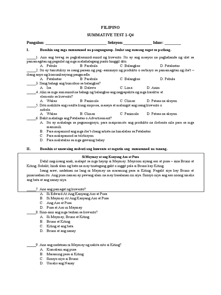 Filipino Iv Summative Test 1 | PDF