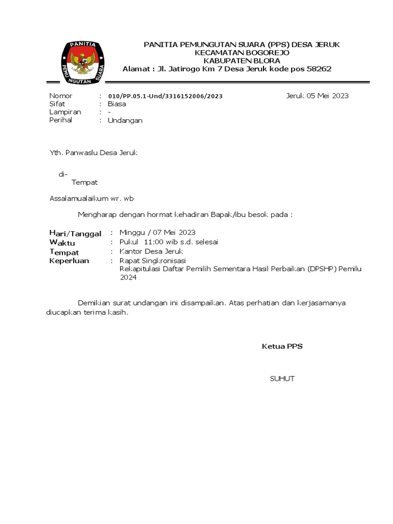 Draft Undangan SINGKRONISASI DPSHP PPS - PPK | PDF