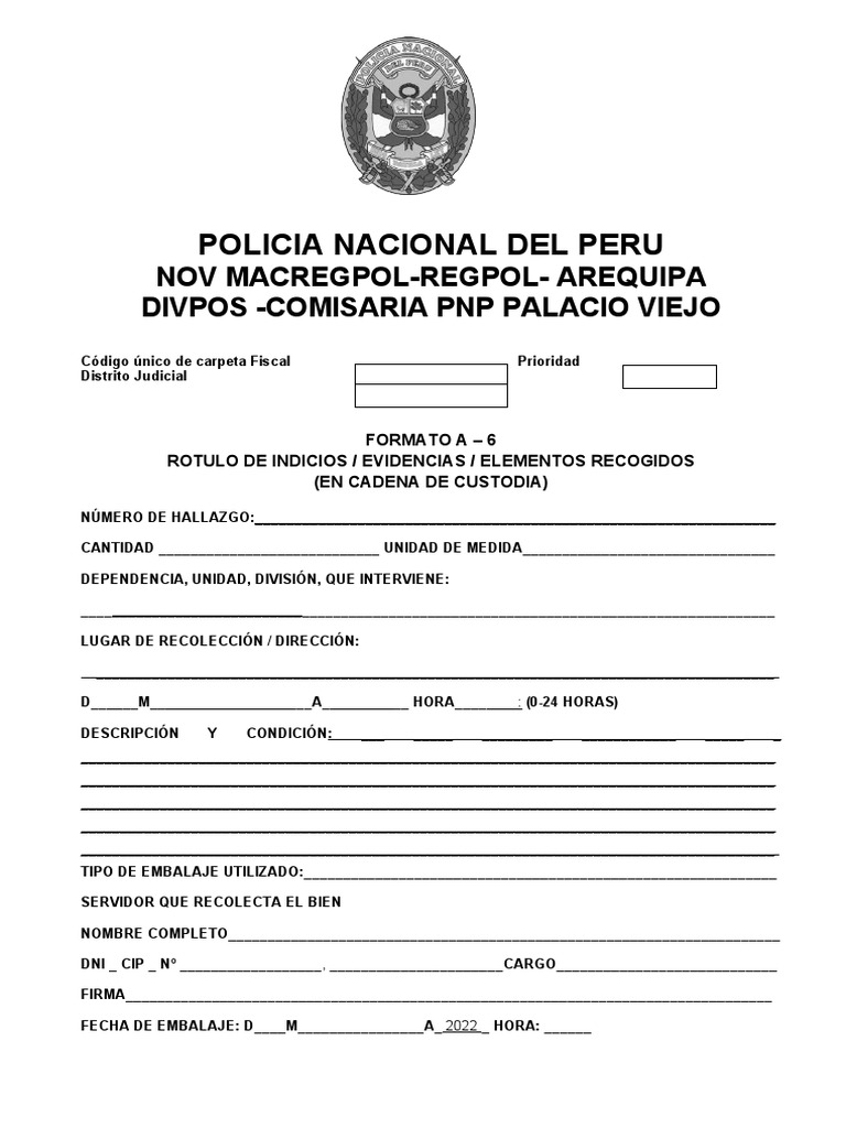 Rotulo de Indicios y Evidencias Formato A-6. | PDF