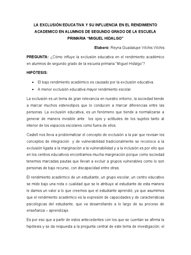La Exclusión Educativa y Su Influencia en El Rendimiento Academico en ...