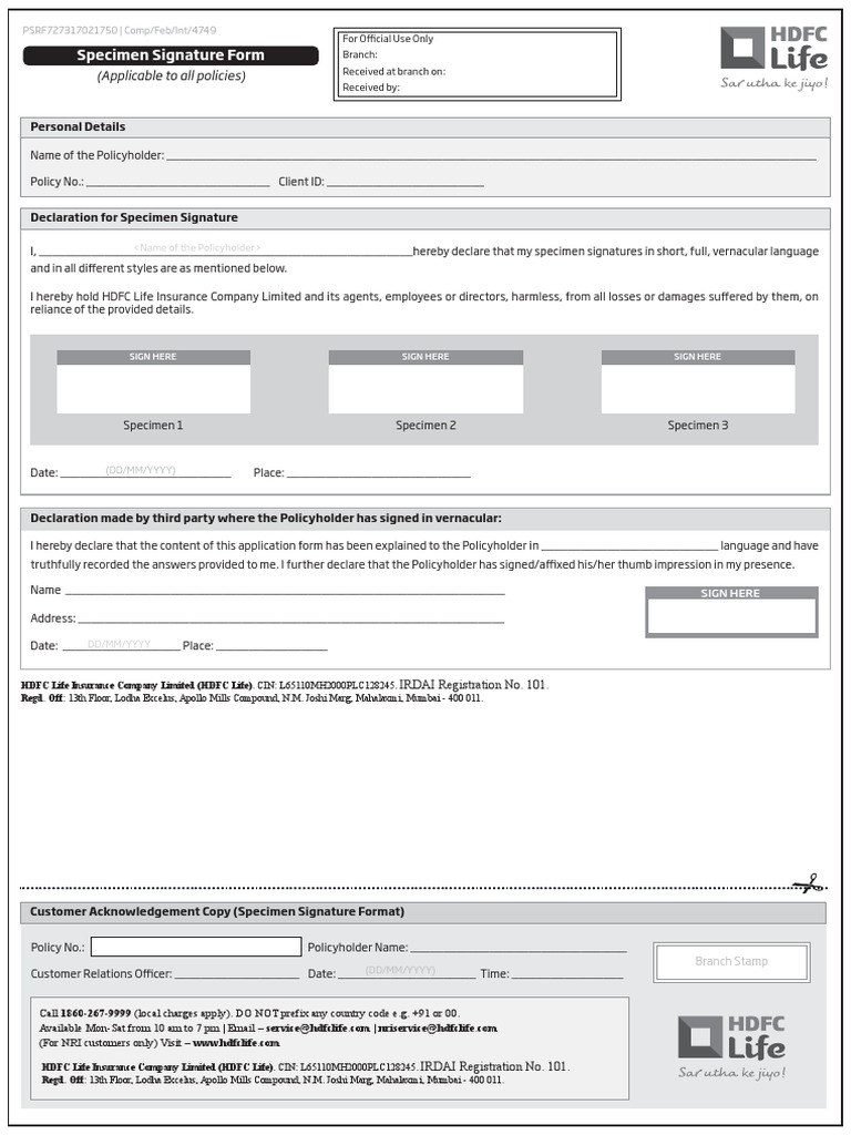 HDFC Specimen Signature Form | PDF | Career & Growth | Business