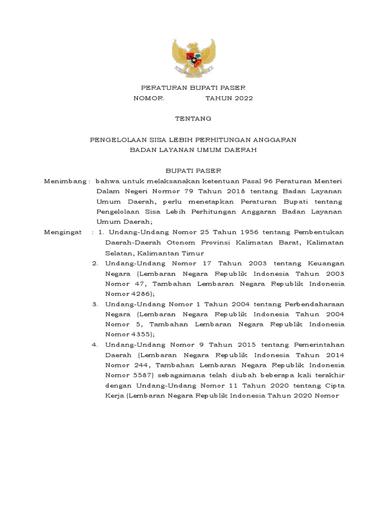 Perbup tentang SILPA No. Tahun 2022 | PDF