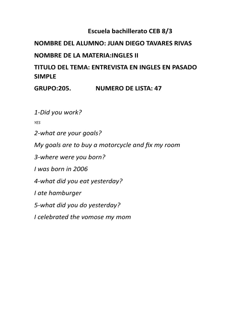 Entrevista en Ingles en Pasado Simple | PDF