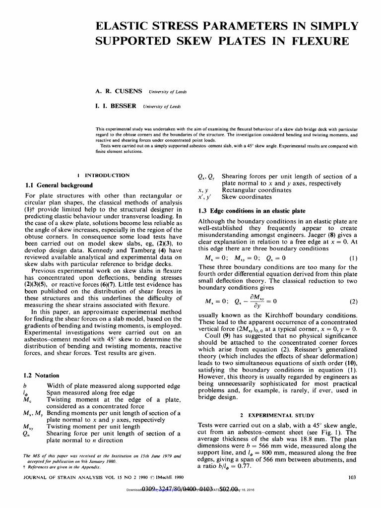 Elastic Stress Parameters in Simply Supported Skew Plates in Flexure ...