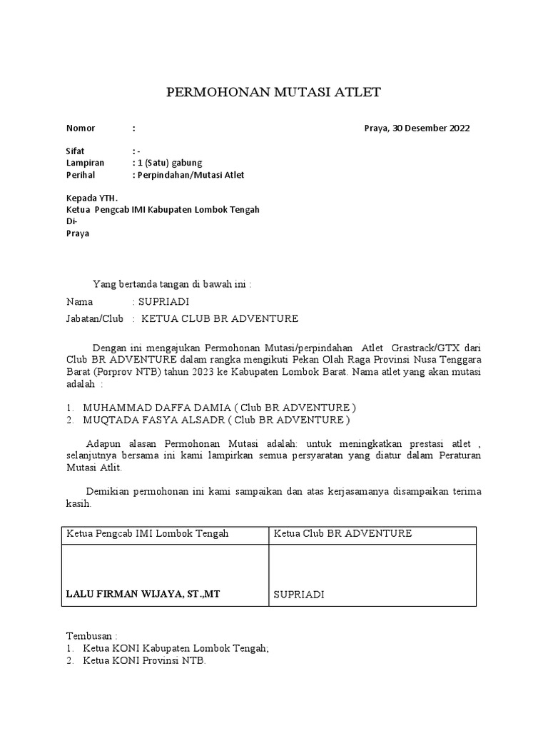 Contoh Surat-Permohonan-Mutasi Atlet | PDF | Olahraga & Rekreasi