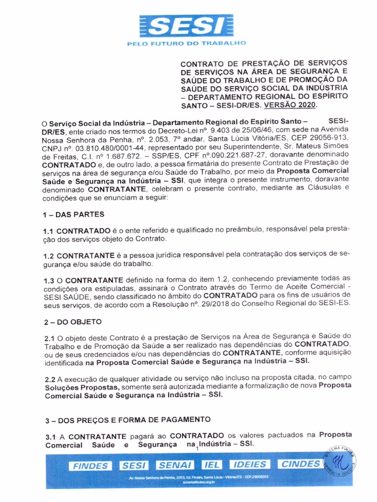Contrato de SST e Promocao Da Saude 2020 - SESI | PDF Contrato de SST e Promocao Da Saude 2020 - SESI | PDF