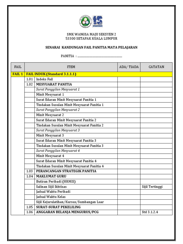 Senarai Semak Fail Panitia | PDF