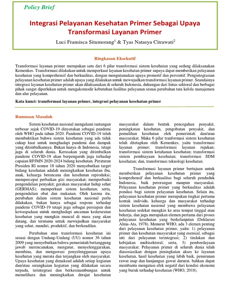 Integrasi Pelayanan Kesehatan Primer Sebagai Upaya Transformasi Layanan Primer | PDF