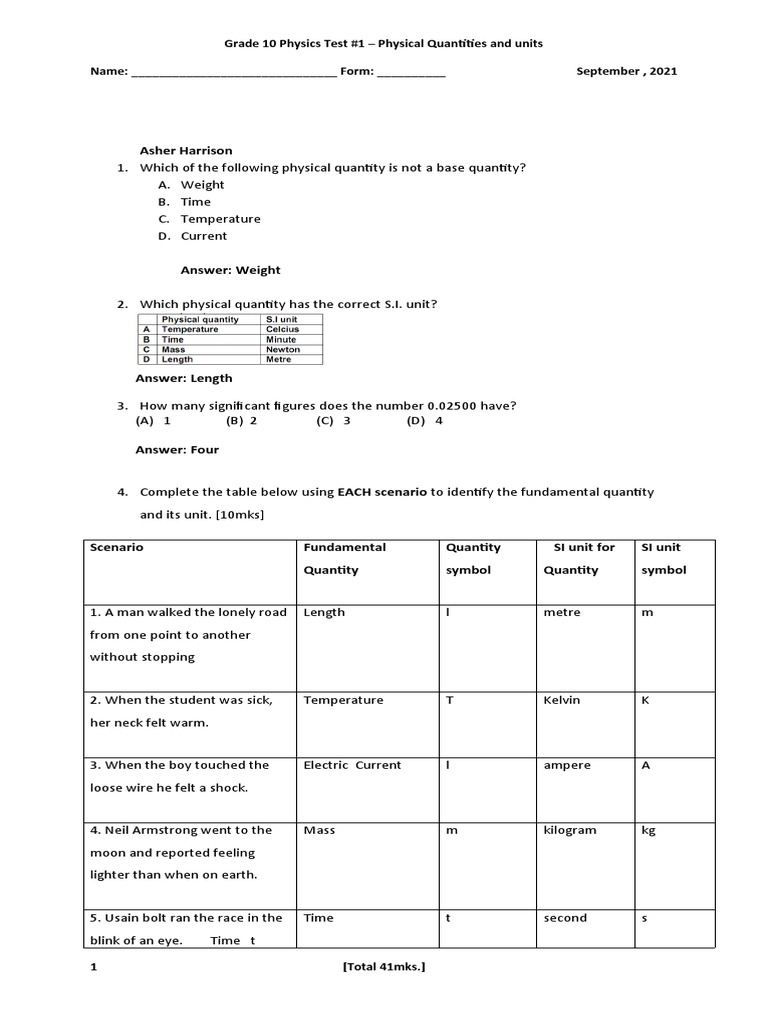 Grade 10 Test - Physical Quantities and Units | PDF | International ...