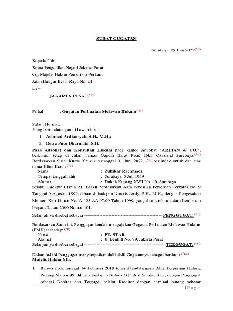 Contoh Surat Gugatan PMH Perdata | PDF