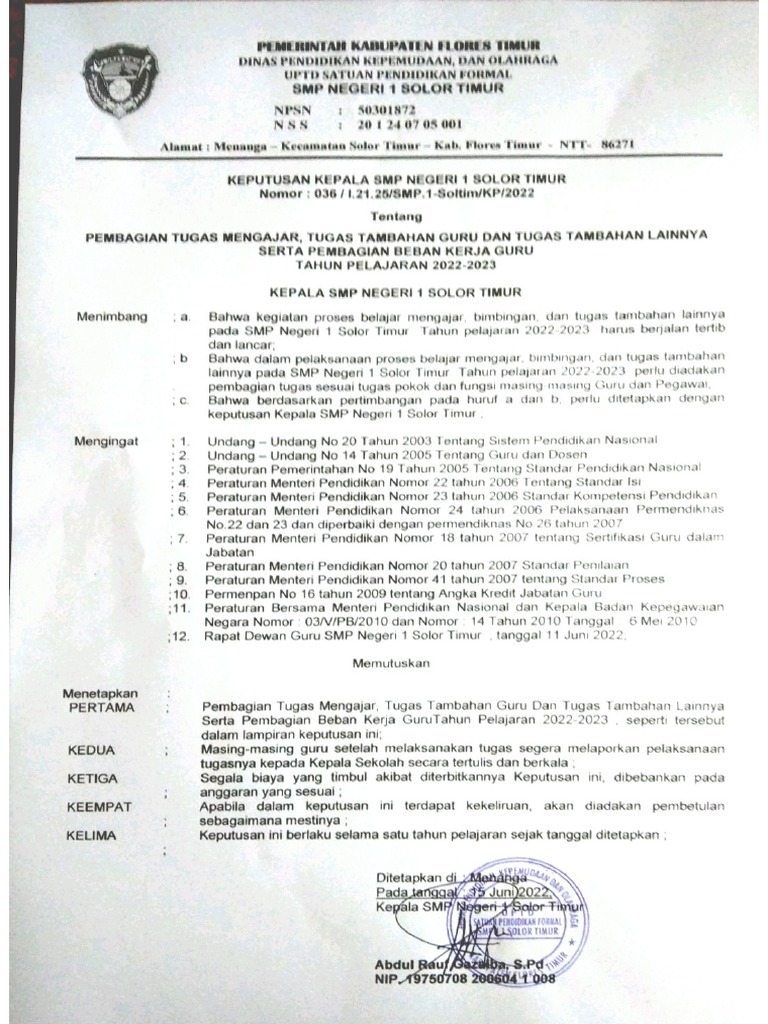 SK Pembagian Tugas Mengajar 2022-2023 | PDF