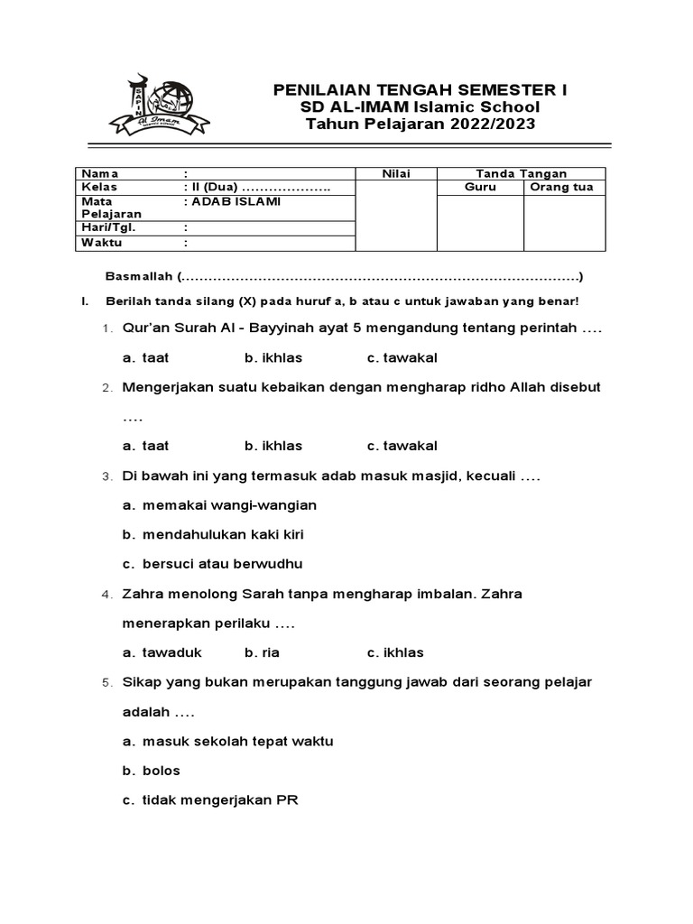 SOAL ADAB ISLAMI KELAS 2 PTS Sudah Edit | PDF SOAL ADAB ISLAMI KELAS 2 PTS Sudah Edit | PDF
