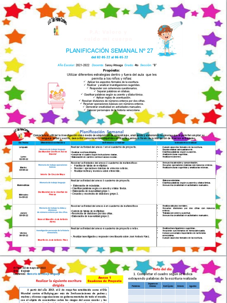 Planificación Semanal 4to Grado B | PDF