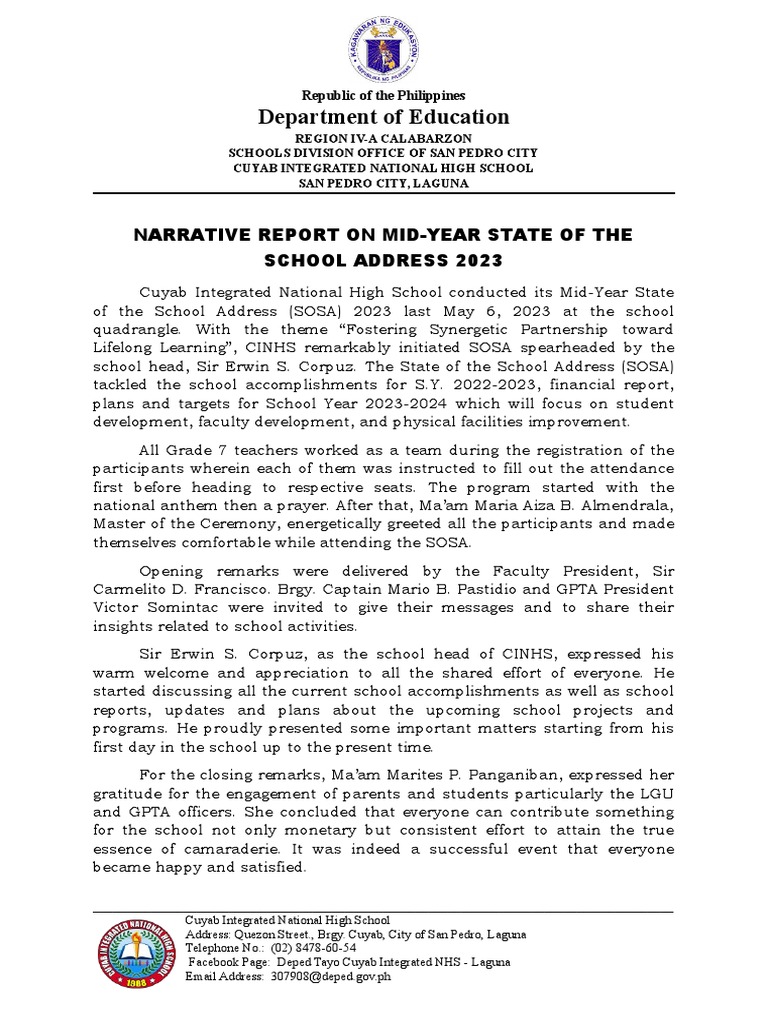 Narrative Report On Mid Sosa | PDF | Communication | Cognition