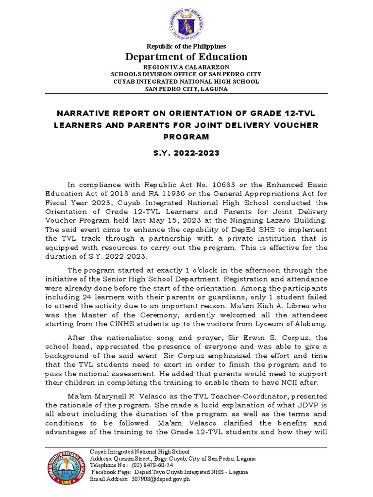 Narrative Report On Orientation of JDVP TVL | PDF
