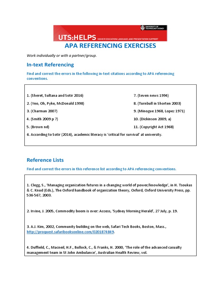 APA Referencing Exercises (With Answers) - 0 | PDF | Apa Style | Academic Publishing