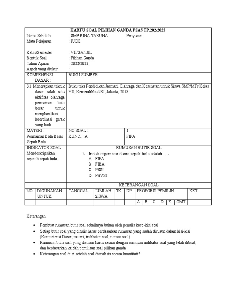 Soal Pilihan Ganda PJOK Kelas VII | PDF