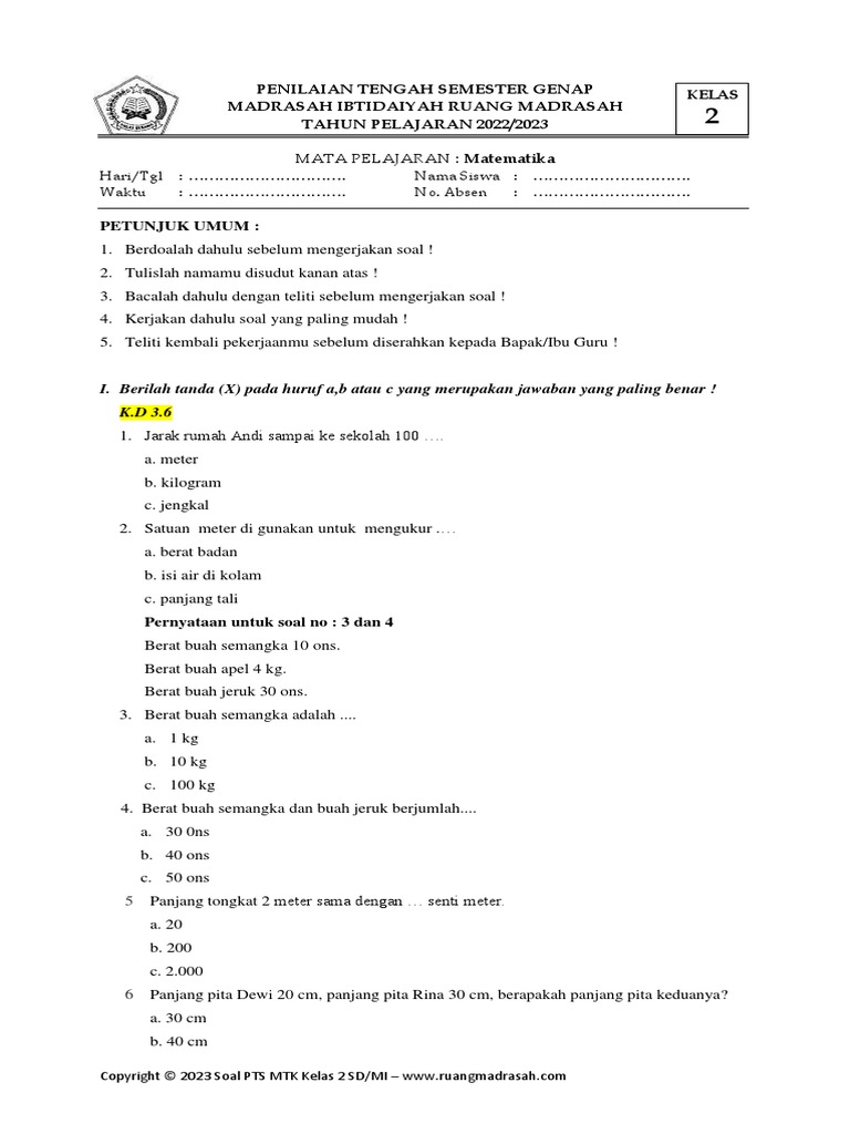 Soal PTS Ii MTK Kelas 2 | PDF