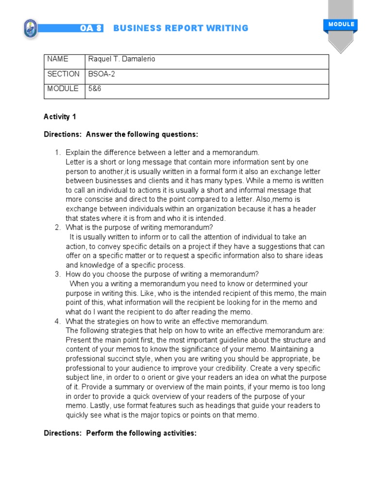 Damalerio,Raquel BSOA2 module 5&6 | PDF | Memorandum | Human Communication