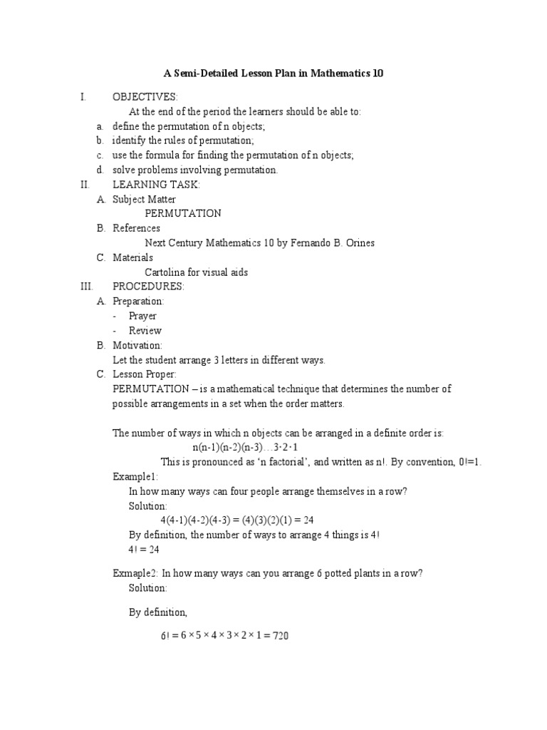 Lesson Plan - Permutation | PDF | Permutation | Lesson Plan