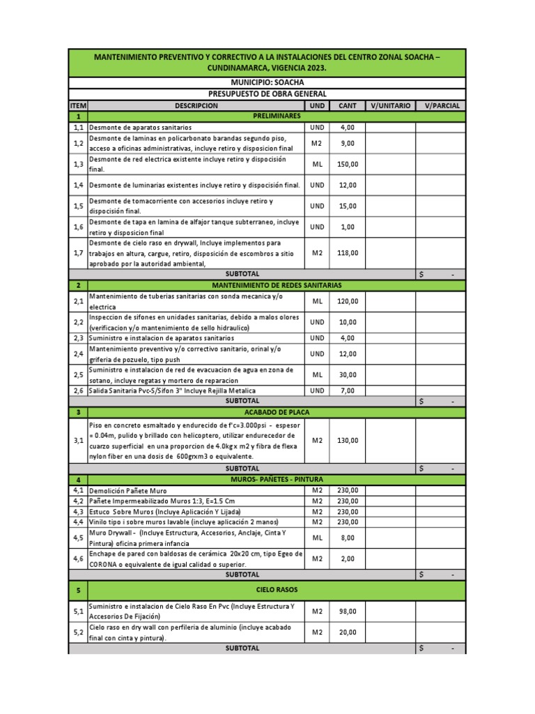Listado de Items y Especificaciones Técnicas de Obra Civil - V2 | PDF
