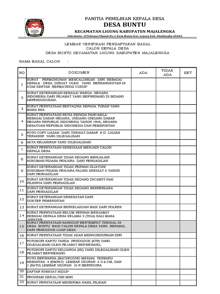 Lembar Verifikasi Calon Kepala Desa | PDF