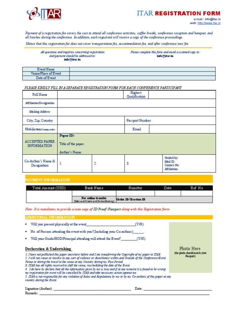 ITAR Author Registration Form | PDF | Credit Card | Fee
