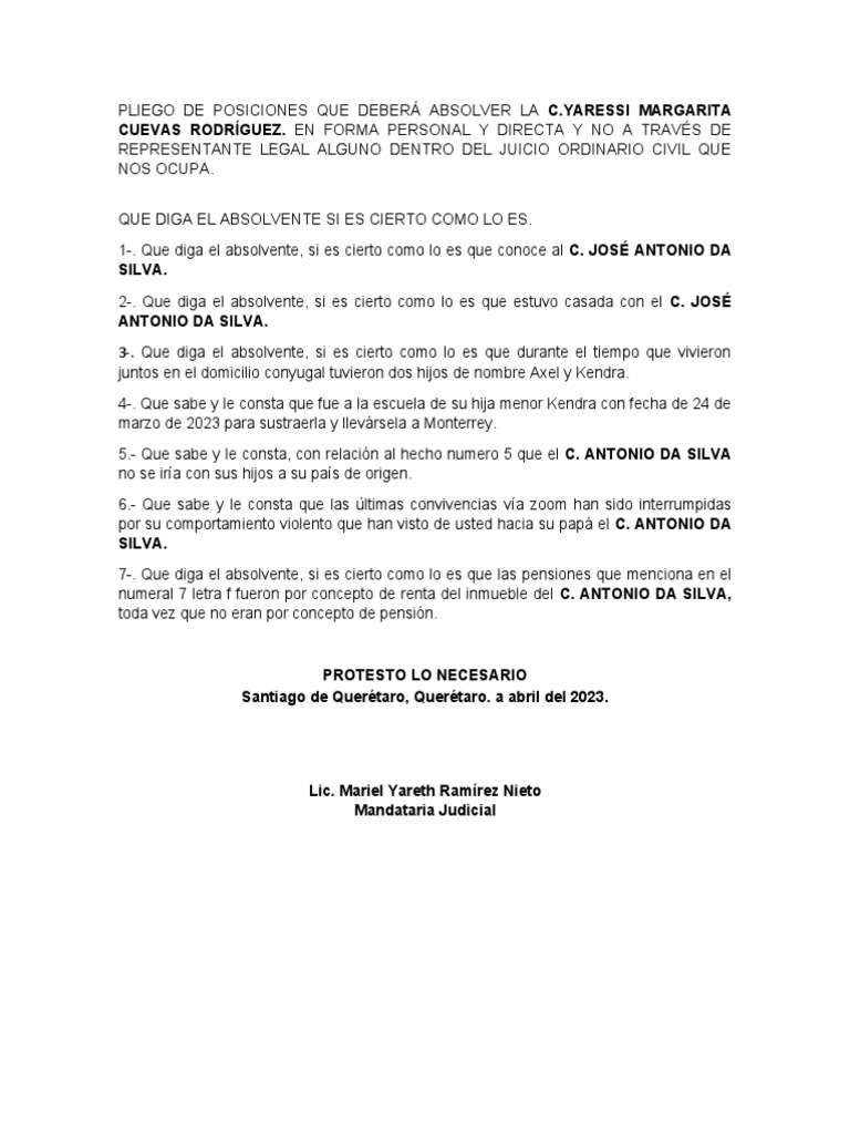 Pliego de Posiciones Que Deberá Absolver La C Yaressi | PDF