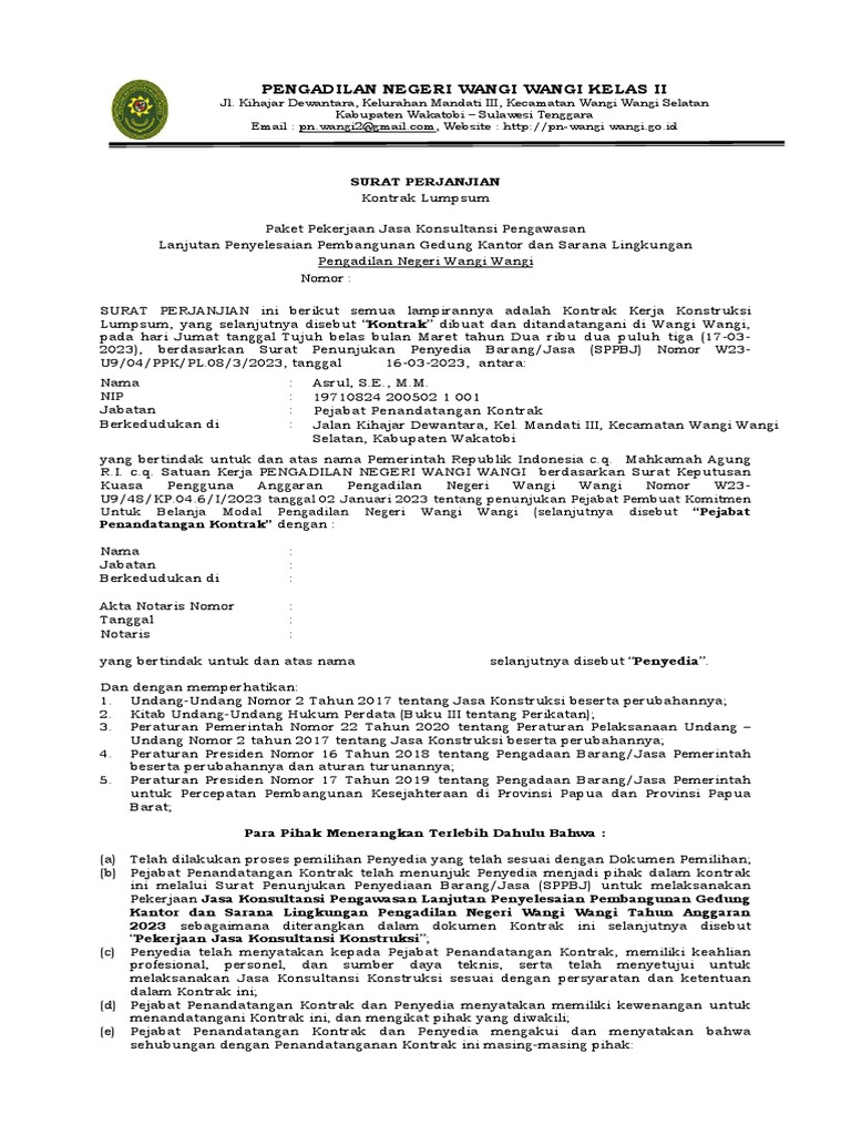 Draft Suratperjanjian PWS PN Wangi Lanjutanok | PDF