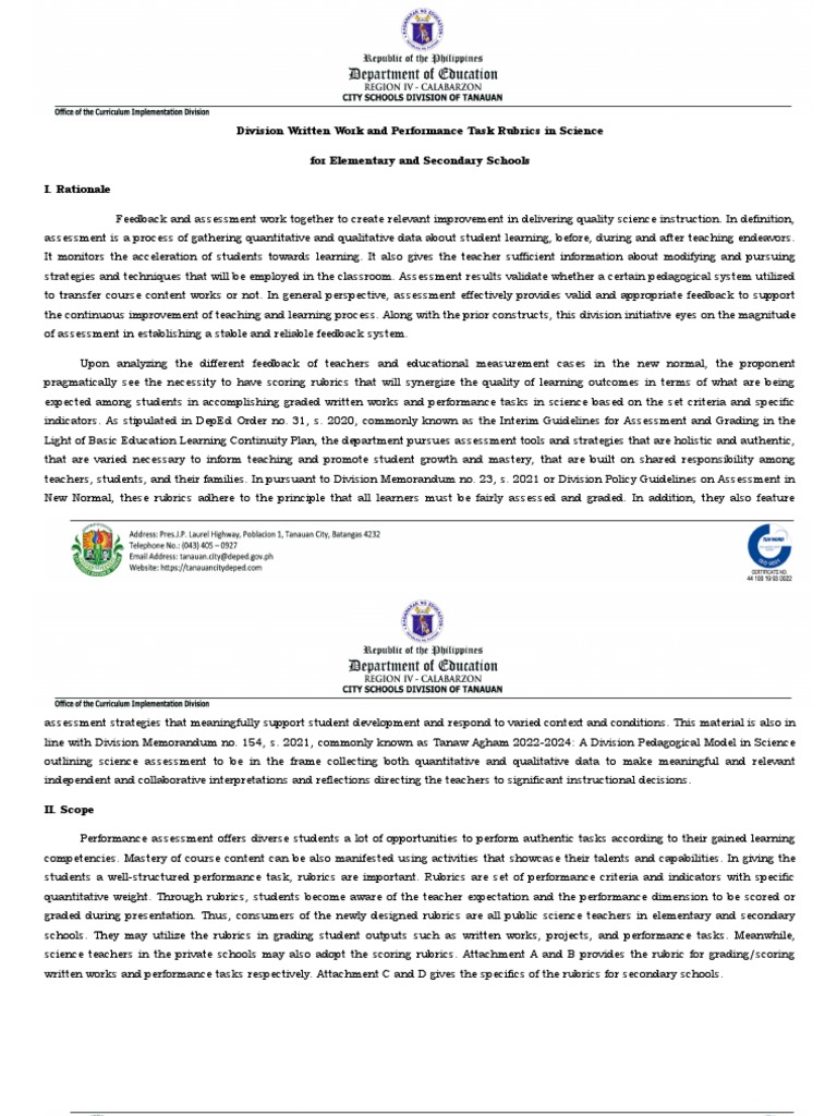 Rubrics Division Written Work And Performance Task Rubrics In Science