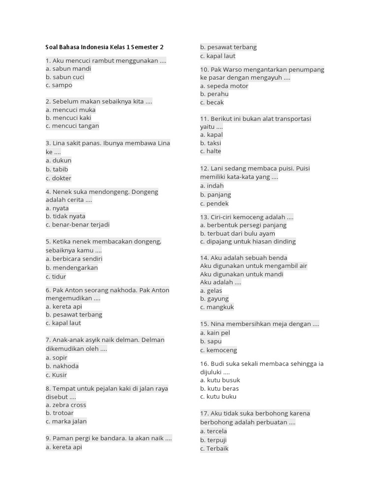 Soal Bahasa Indonesia Kelas 1 Semester 2 | PDF