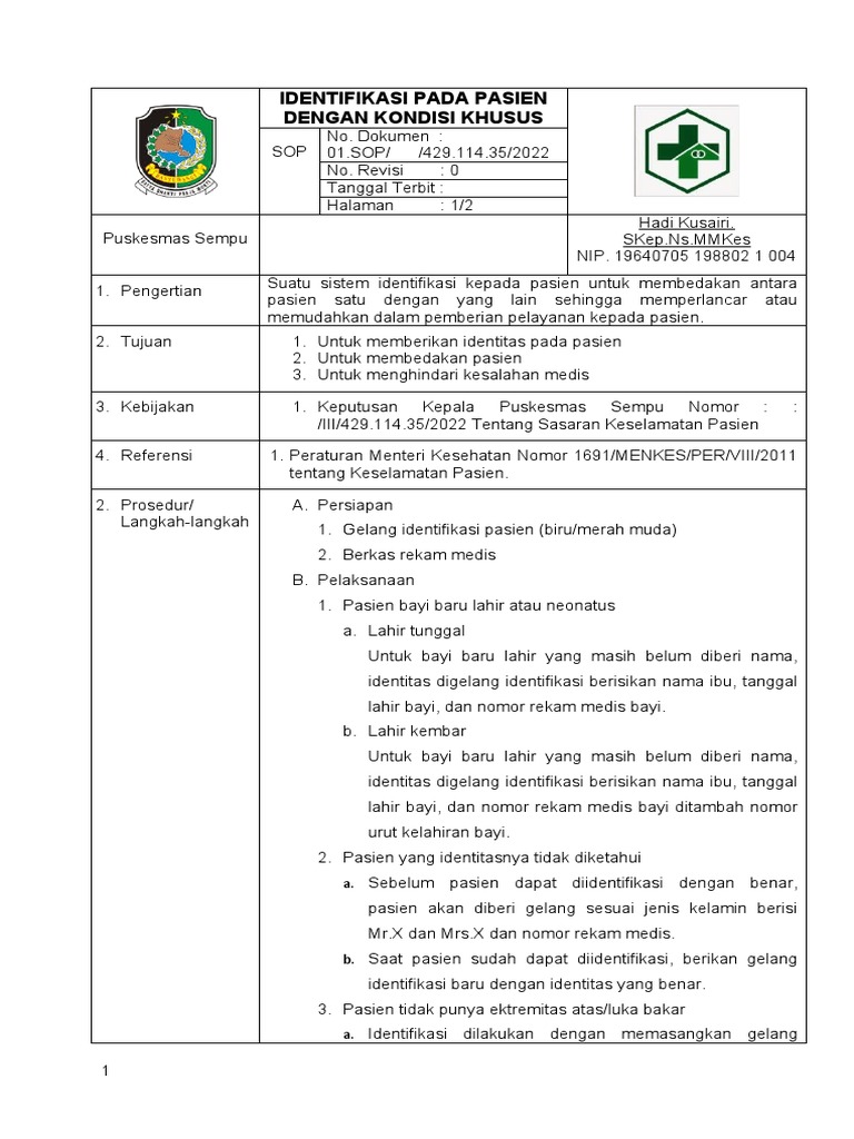 Sop Sop Identifikasi Pasien Dengan Kondisi Khusus | PDF