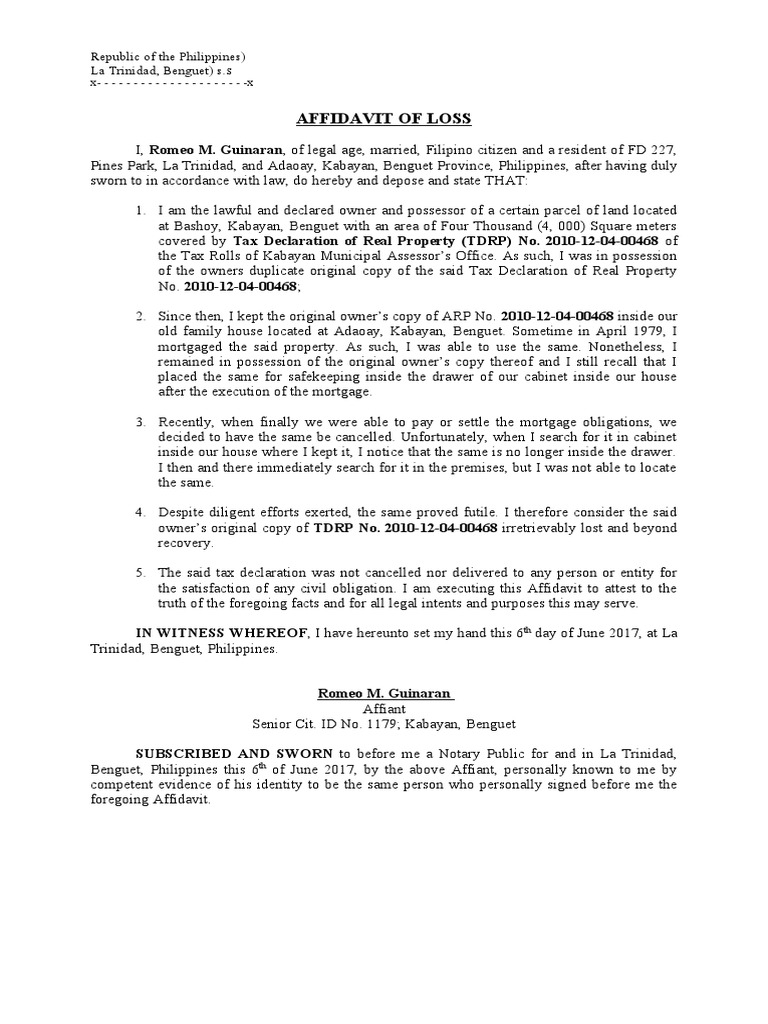 Affidavit of Loss-Fdgfdg FD | PDF | Affidavit | Justice