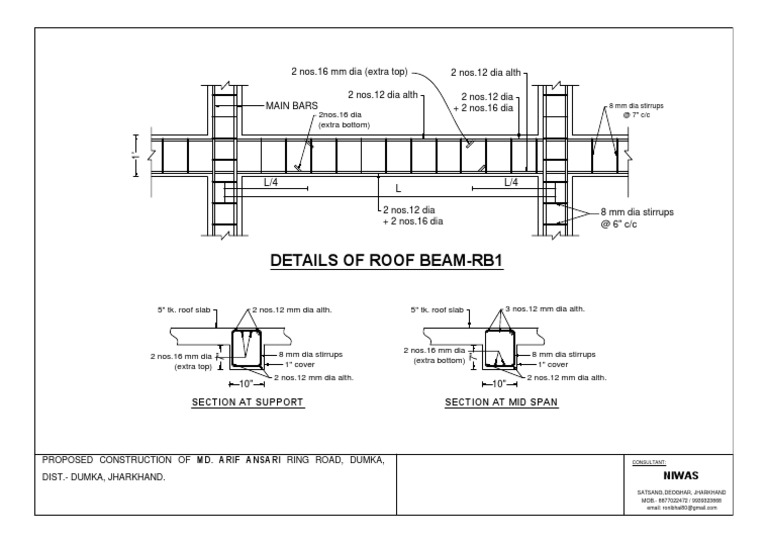 Details of Roof Beam-Rb1: 2 Nos.16 MM Dia (Extra Top) 2 Nos.12 Dia Alth ...