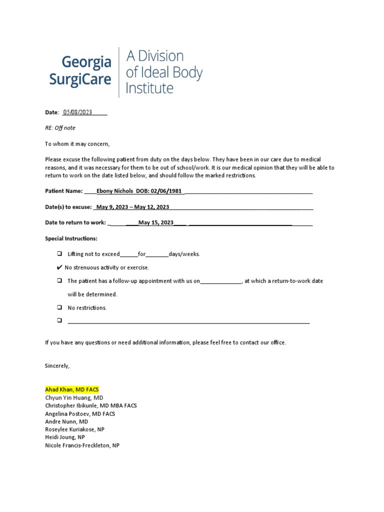 Off Work Note - Sample Sample | PDF | Self-Improvement