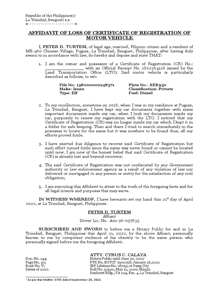 Affidavit of Loss-Turtem.4.22 | PDF | Finance & Money Management | Social Science