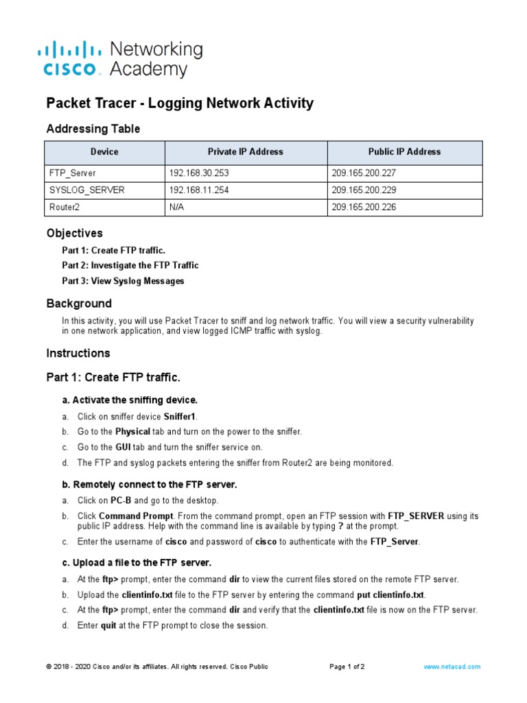 15.2.7 Packet Tracer - Logging Network Activity | PDF | File Transfer ...